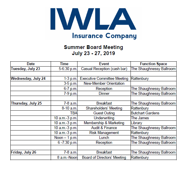 IWLA Insurance Company – Summer Board Meeting Agenda | iwla1891